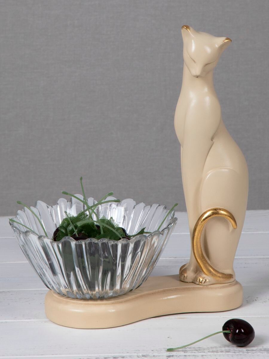 Фруктовница-конфетница из мрамора и стекла на ножке BOGACHO с кошкой
