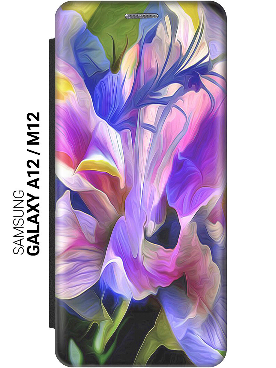 Чехол-книжка на Samsung Galaxy A12, M12, Самсунг А12, М12 с 3D принтом "Цветочная абстракция" черный