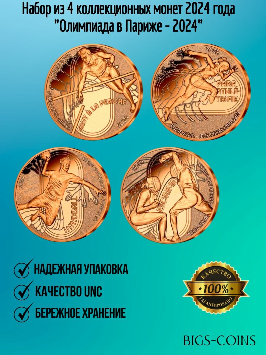 Набор из 4 коллекционных монет 2024 года "Олимпиада в Париже - 2024"