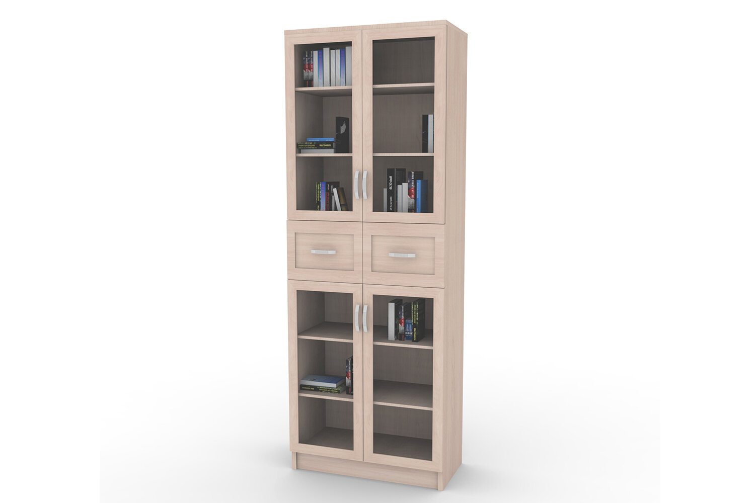 Шкаф-стеллаж распашной, книжный двухдверный Верона 2/7, 68х38x210, дуб молочный, фасад стекло/дуб молочный, 2 ящика