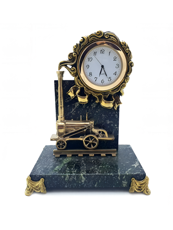 Настольные часы "Паровоз" из латуни и змеевика (16 см)