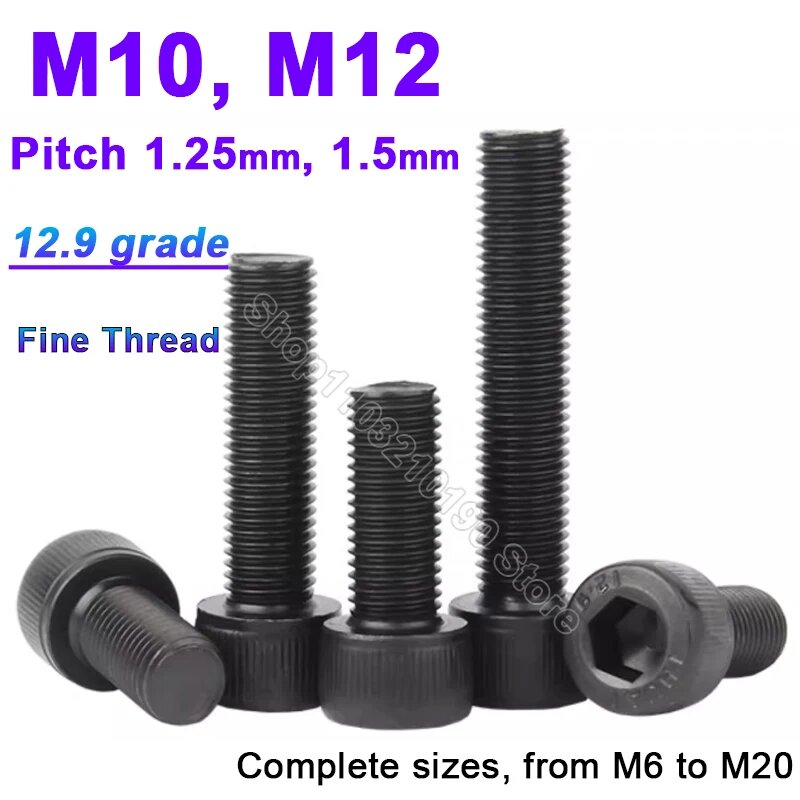 GooBetter Болты с шестигранной головкой M10 M12 черные 12.9 класса 16-100 мм M12x1.5x100mm, 5pcs