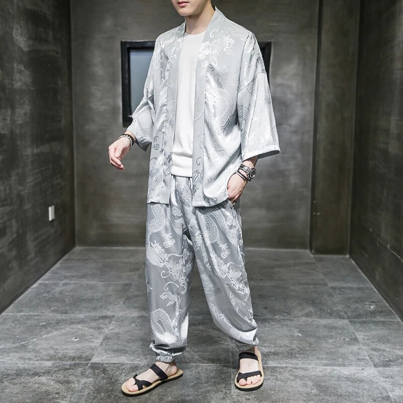 Костюм в китайском стиле с вышивкой дракона, айсесилк, мужской 4XL, Suit Gray