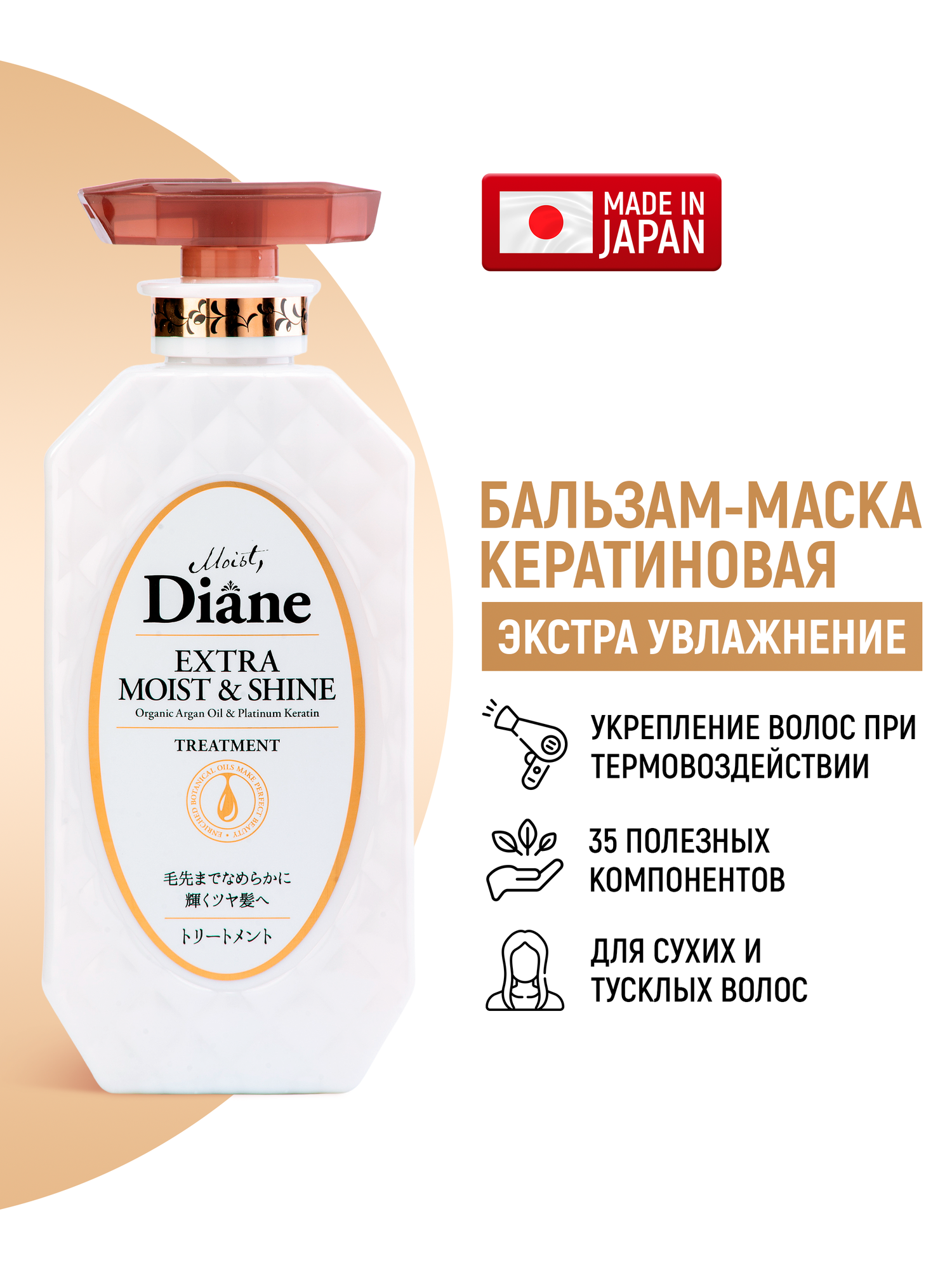 Moist Diane Бальзам-маска кератиновая Perfect Beauty "Увлажнение" / Кондиционер увлажняющий для сухих волос / С кератином, коллагеном и аргановым маслом (Япония), 450 мл