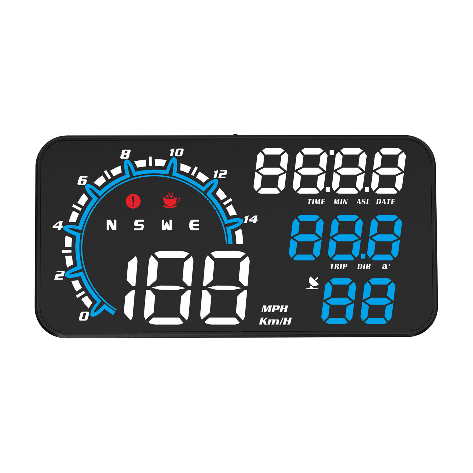 Smart HUD Display, Универсальный GPS Head Up Display 5.5-дюймовый с отображением скорости, высоты, времени вождения, даты, часов и других функций, синий и белый, материал ABS, размер 127.7*64.7мм, упаковка 16.5*7.5*6см, вес 172г, комплект: 1 HUD, 1 USB