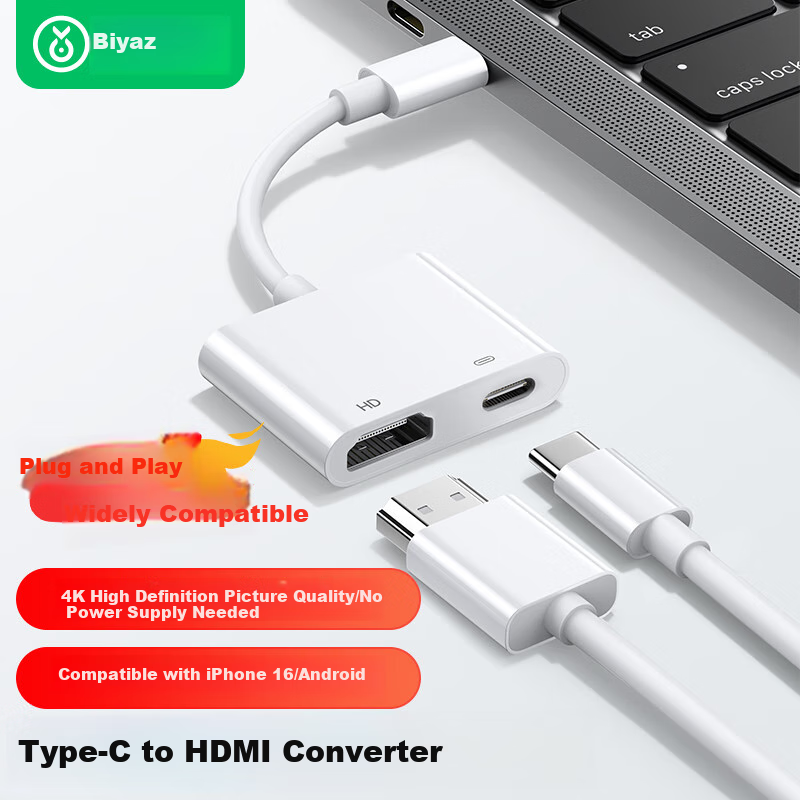 BIAZE Type-C to HDMI Converter 4K HD High Definition, Plug and Play, Support iPhone 15 Series, Huawei, Xiaomi USB-C Devices/Laptops