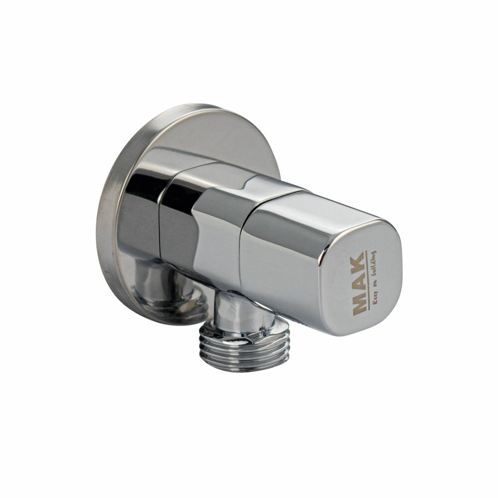 Кран металлокерамика угловой 1/2"х1/2", квадратная заоваленная ручка, с декоративной чашкой, в блистере, цвет хром.