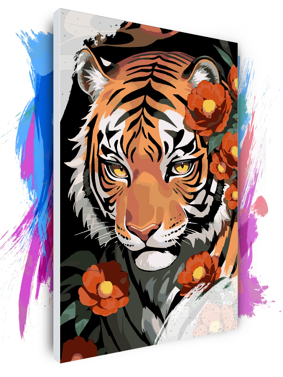 Картина по номерам на холсте Китайский тигр в красных цветах, 70 х 100 см