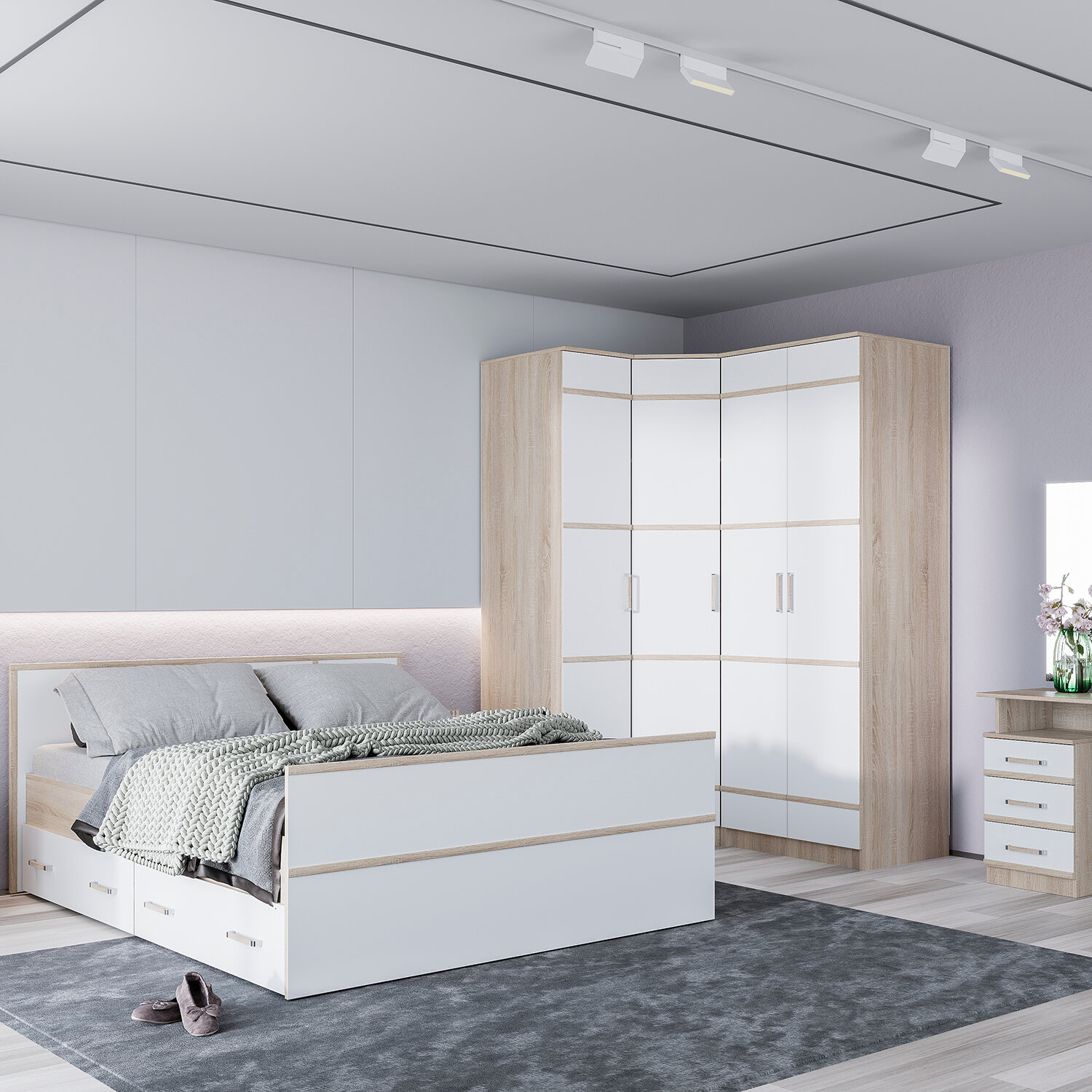 Шкаф угловой распашной деревянный Сакура 87,6х221,6х87,6 см, дуб сонома/белый