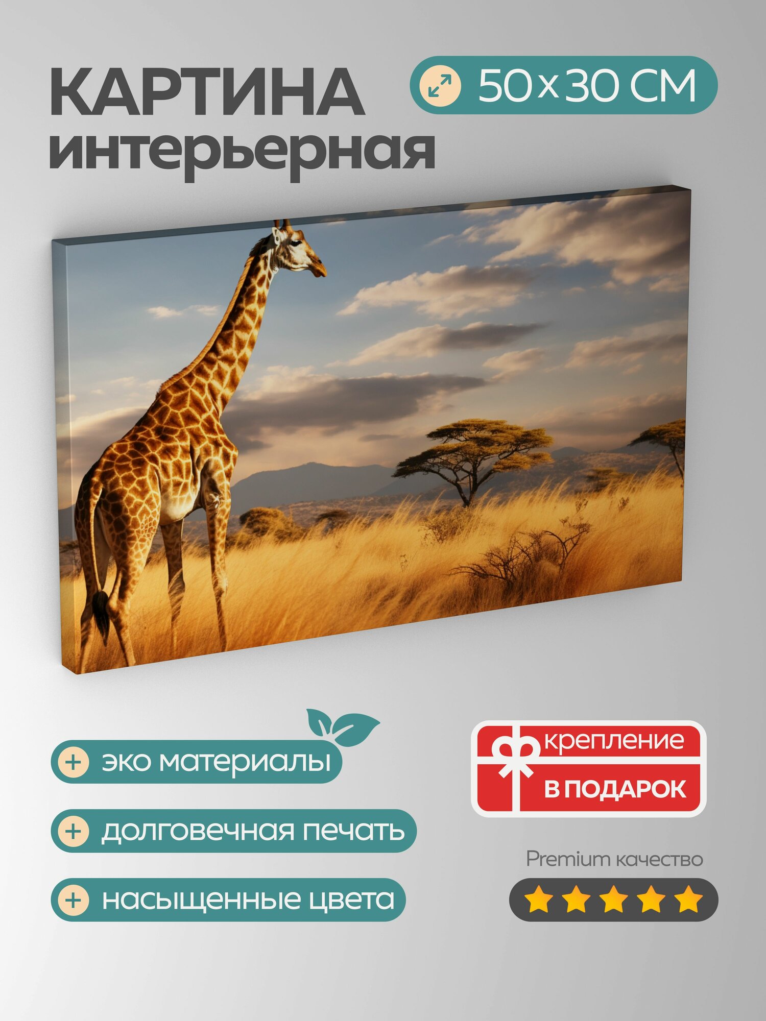 Картина на холсте интерьерная 50х30 см, жираф, саванна, высокий рост, низкая трава, символ силы, символ жизнестойкости