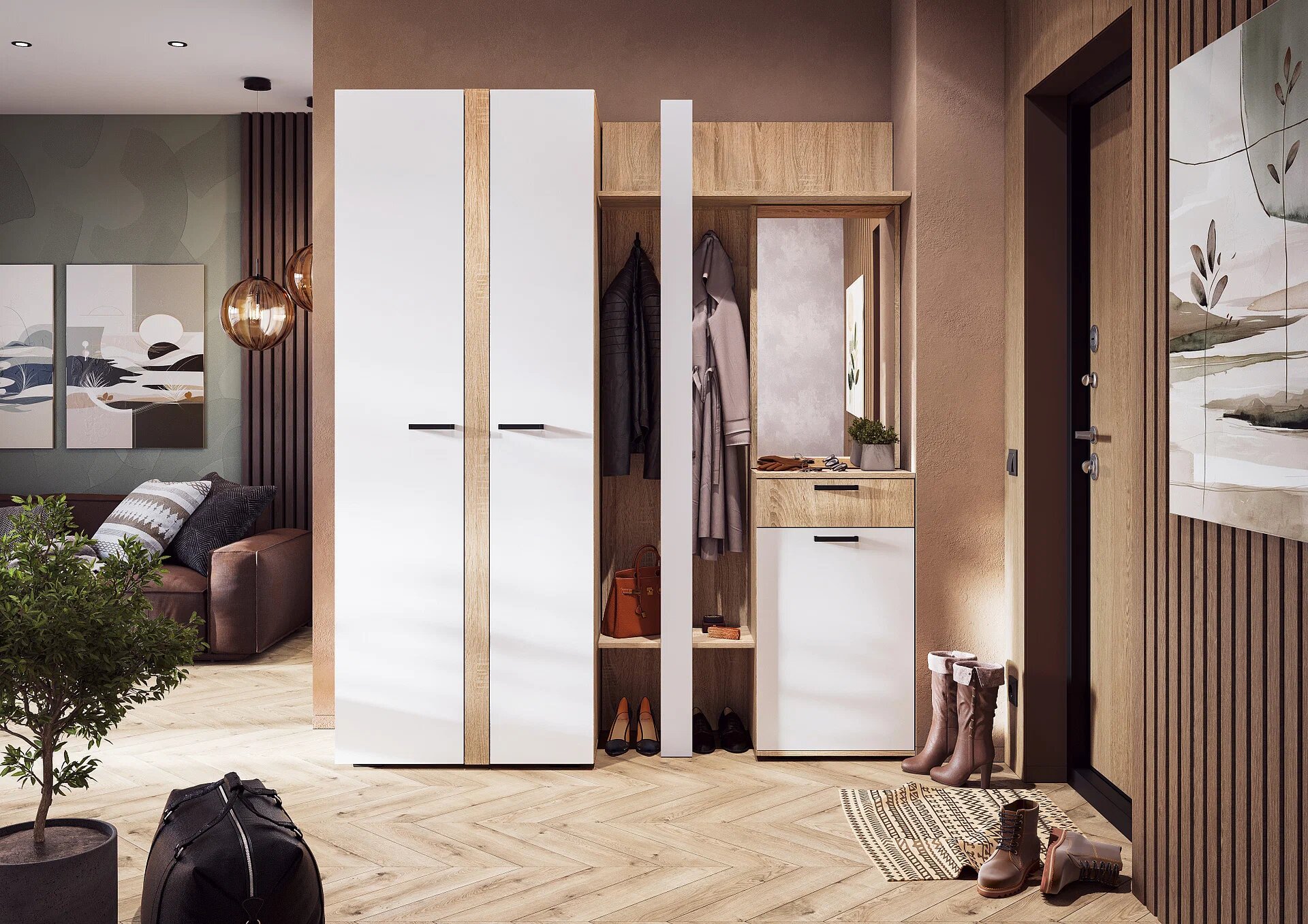 Прихожая стенка со штангой для одежды и открывающимся фасадом с зеркалом