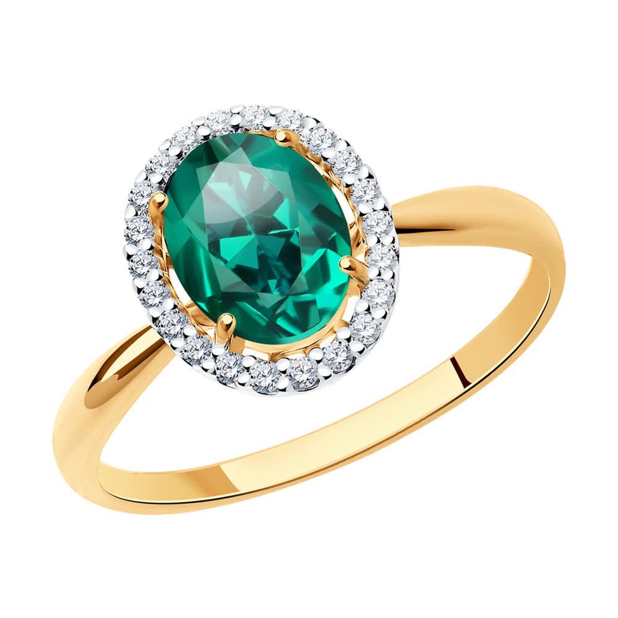 Кольцо, красное золото, 585 проба, изумруд синтетический, фианит