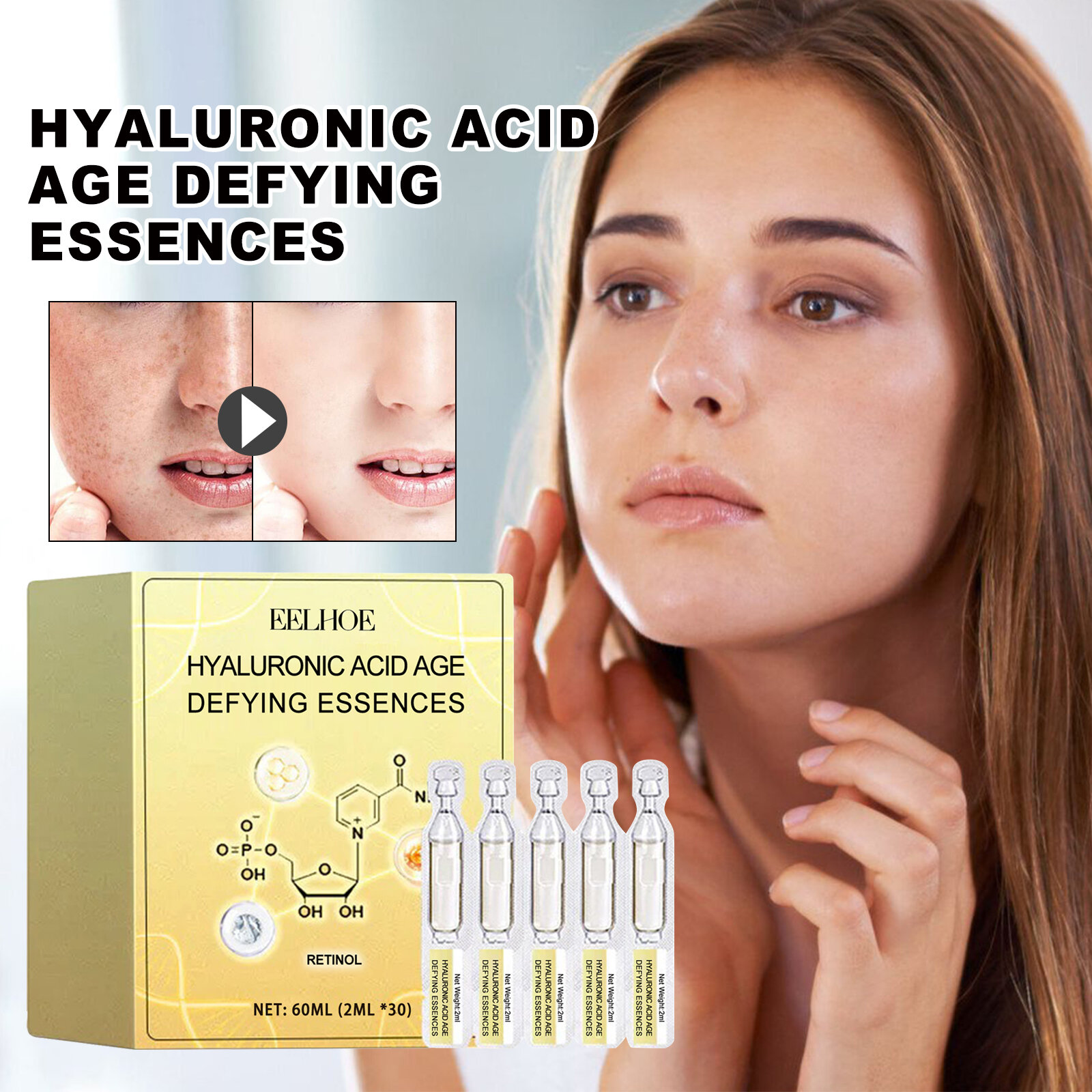 Укрепляющая эссенция с гиалуроновой кислотой глубоко увлажняет кожу, уменьшает мелкие морщинки и эфирное масло против морщин