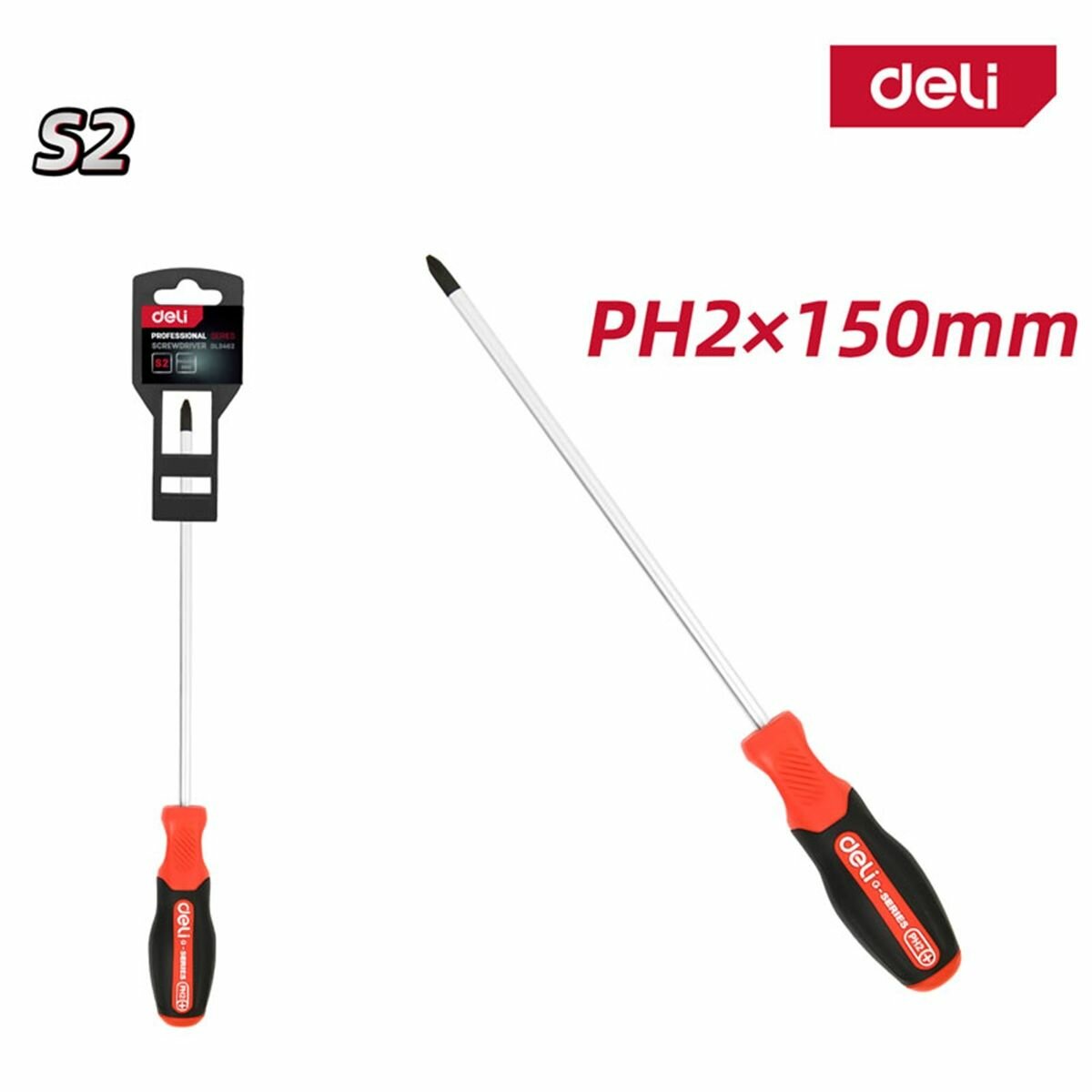 Крестовая отвертка PH2x150мм Deli DL3462 сталь S2, магнит, прорезиненная рукоятка