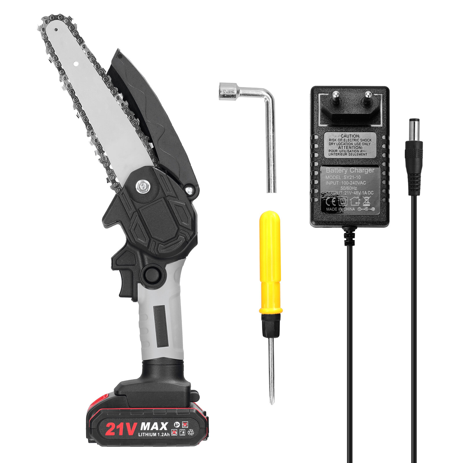 21 В 6-дюймовая портативная электрическая пила для обрезки деревьев, небольшая цепная пила для колки дров, щеточный двигатель, одноручный инструмент для работы по дереву в саду или фруктовом саду.