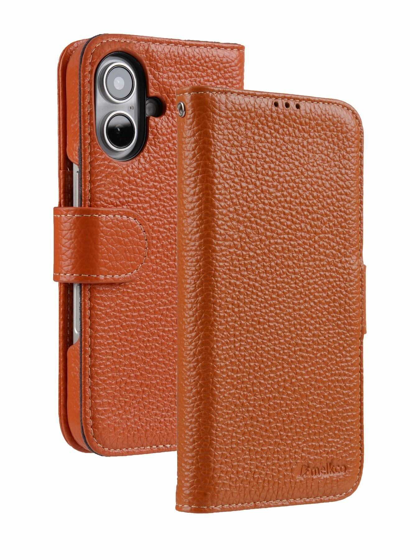 Кожаный чехол книжка Melkco Wallet Book Type для iPhone 16, оранжевый
