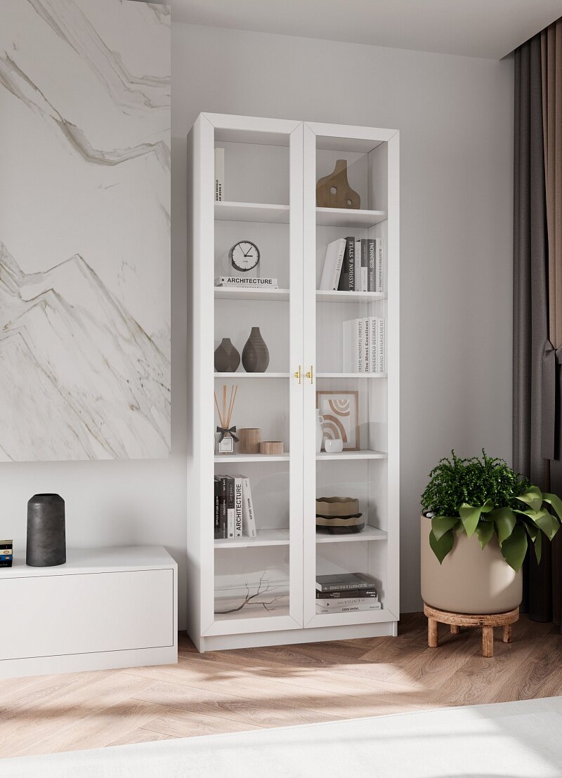 Шкаф книжный стеллаж Билли Хелена Billy по мотивам Икея Ikea - 20 Белый / Золото 60x30x200 золотистый для книг двухдверная