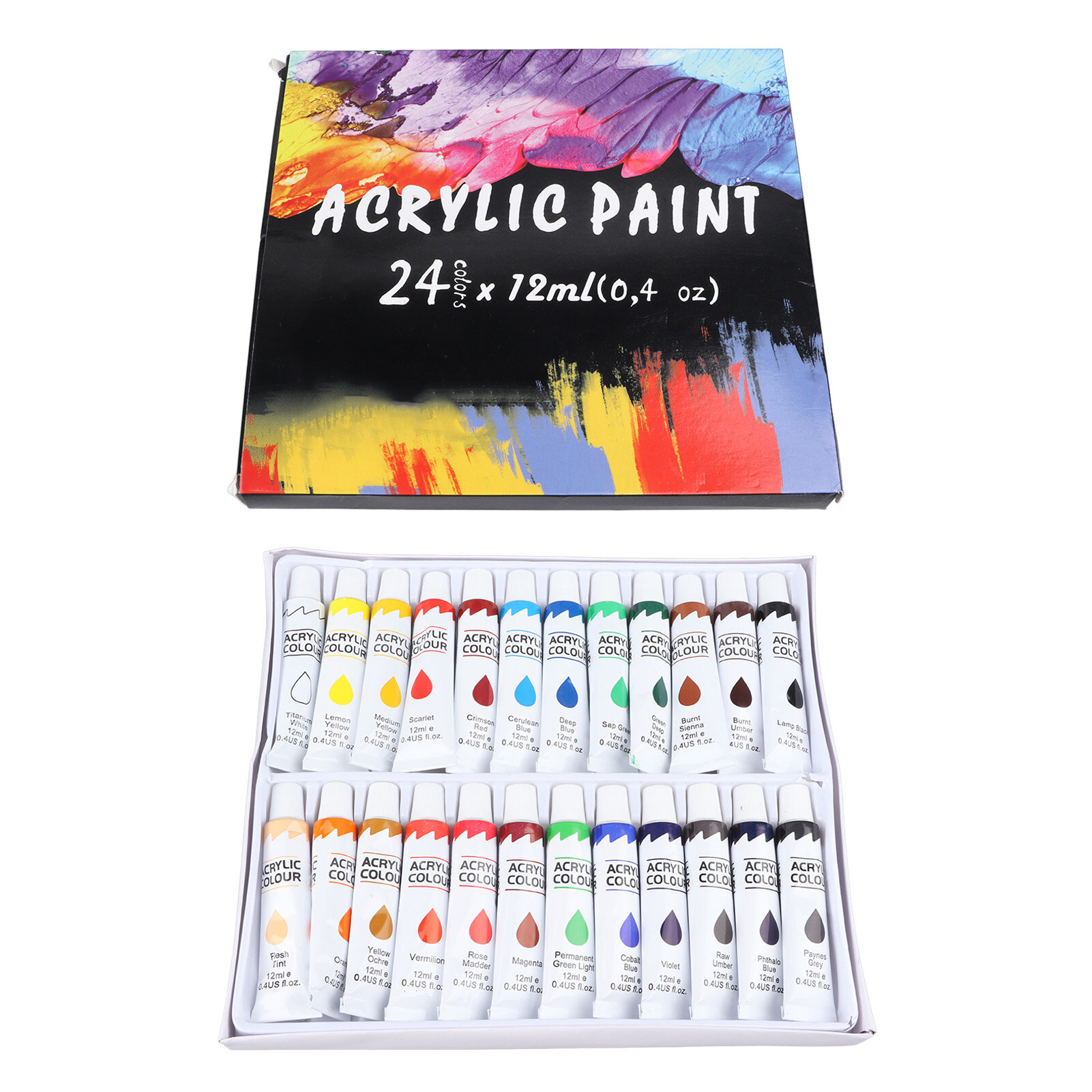 Набор из 24 акриловых красок в тюбиках по 12 мл, яркие цвета, упакован в коробку, безопасен для детей, взрослых и начинающих.