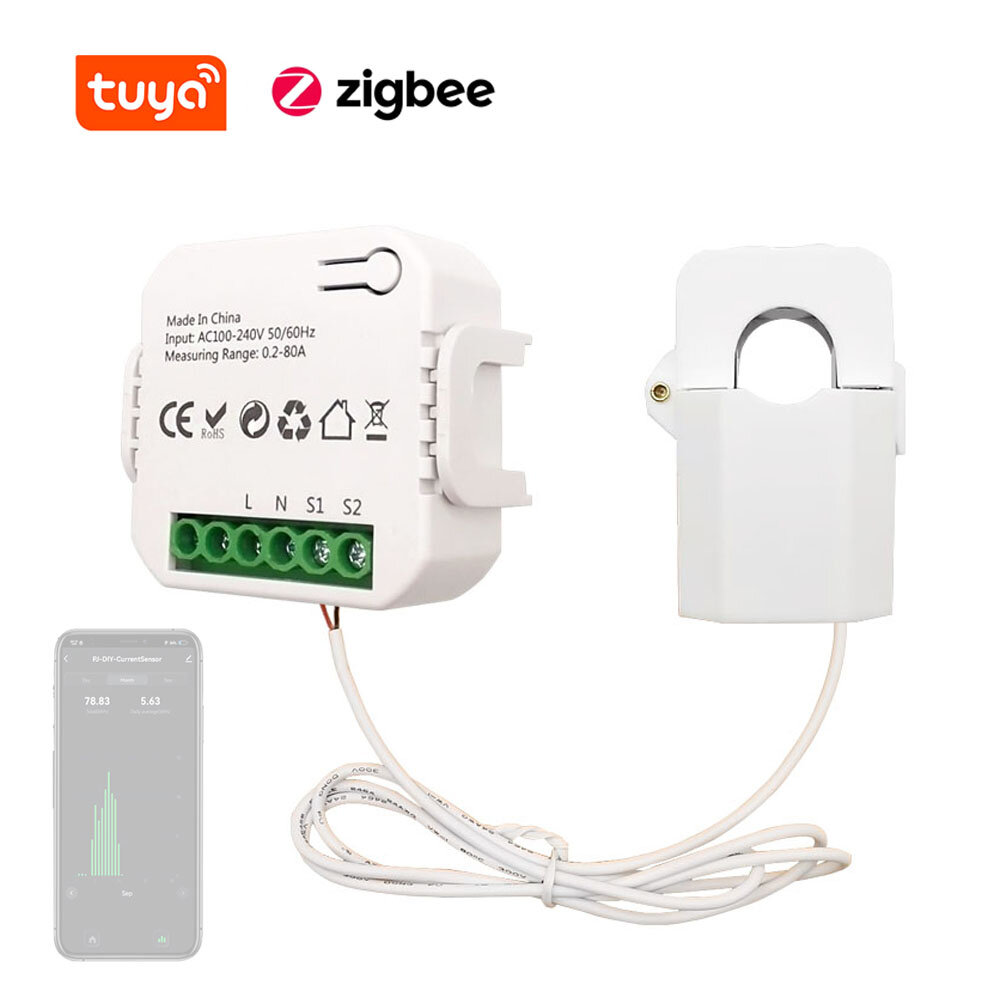 Однофазный клещевой счетчик электроэнергии Tuya ZigBee 80A с управлением через мобильное приложение, монитор статистики электроэнергии, устройство домашней автоматизации, совместимое с голосовым помощником Alexa.