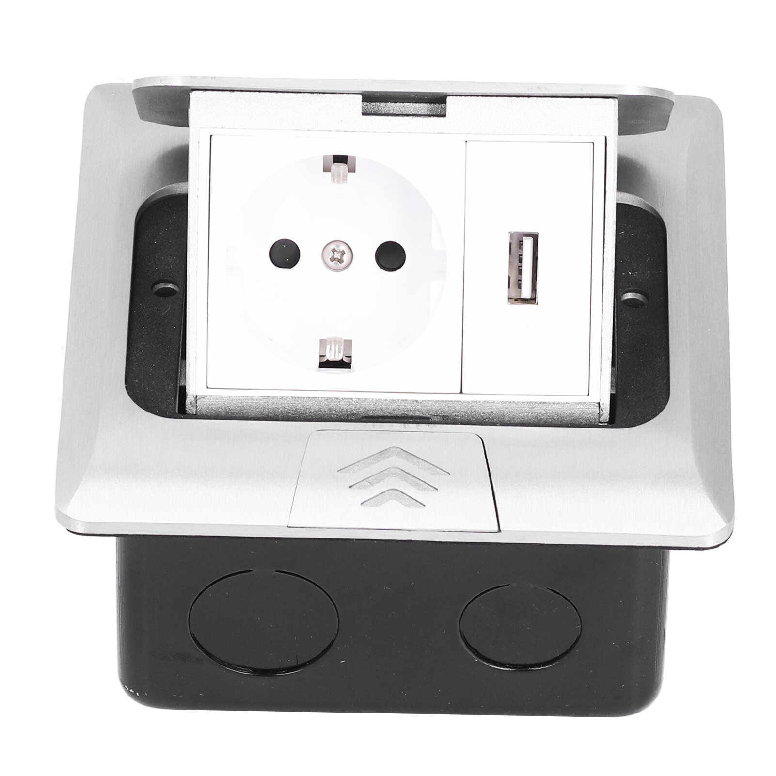Розетка половая встроенная выпадающая коробка розеток Евро стандарт USB аксессуары для электропитания 250V 16A серебристый цвет алюминиевый сплав корпус и панель материал функциональных частей негорючая ПК IP40 размер панели 120x120мм