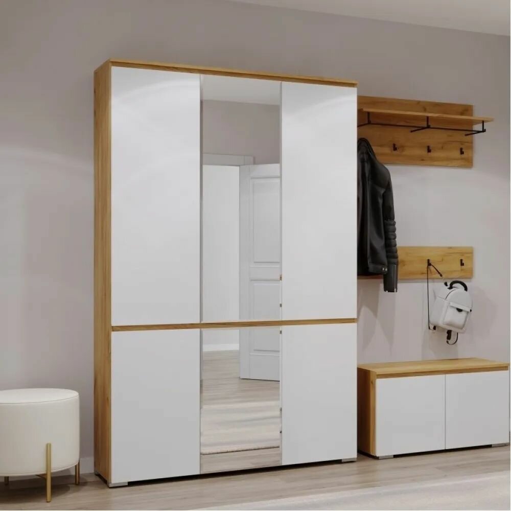 Шкаф распашной с зеркалом Гретта 4С2ЗР Крафт золотой-Белый для дома дачи прихожей гостиной 1350х411х2120 Памир