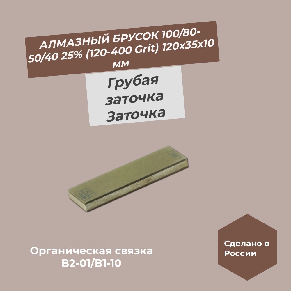 Алмазный брусок 120х35х10 мм 100/80-50/40 (120/400 Grit) 25%