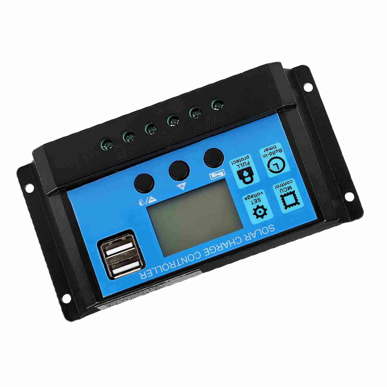 50A 12V 24V Auto Solar Charge Controller PWM Controller, 100% Brand New, Material ABS, Color As Picture Shown, Options 10A 20A 30A 40A 50A 60A, Solar panel voltage 12V 18V 24V 36V, Float charge 13.7V, Discharge stop 10.7V, Discharge reconnect 12.6V, USB