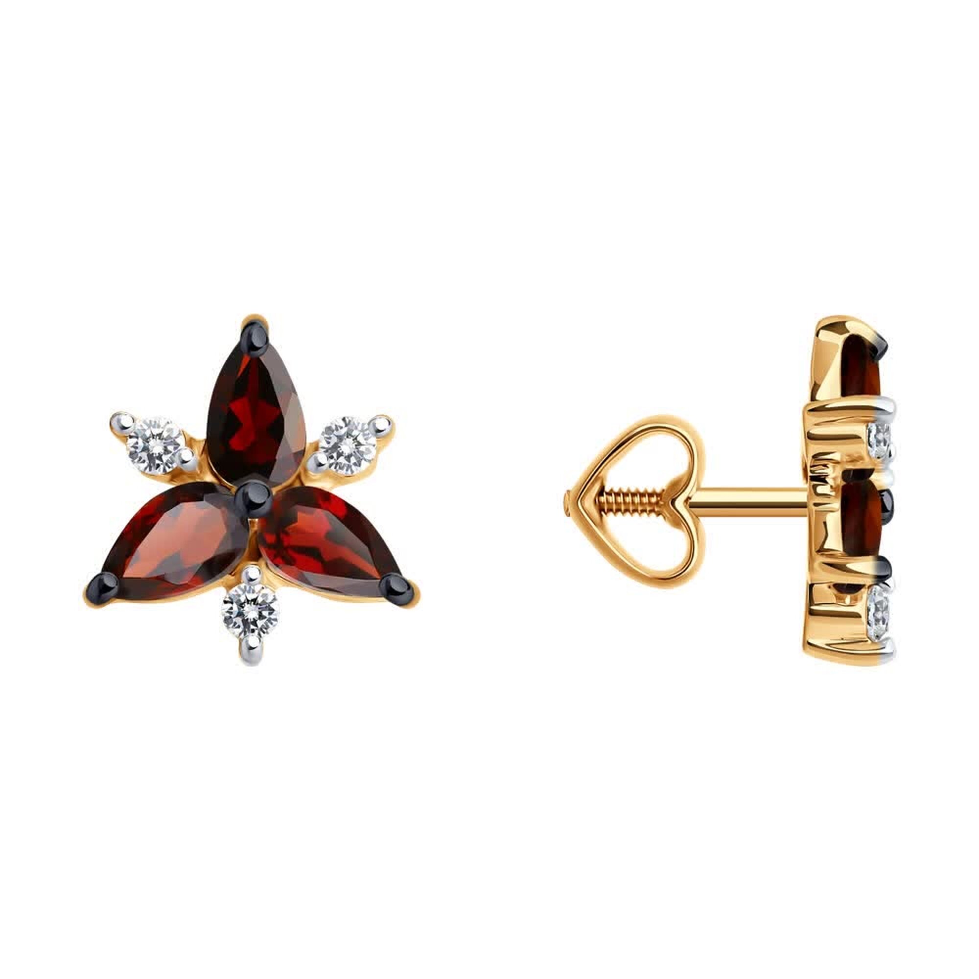 Серьги пусеты, красное золото, 585 проба, гранат, фианит