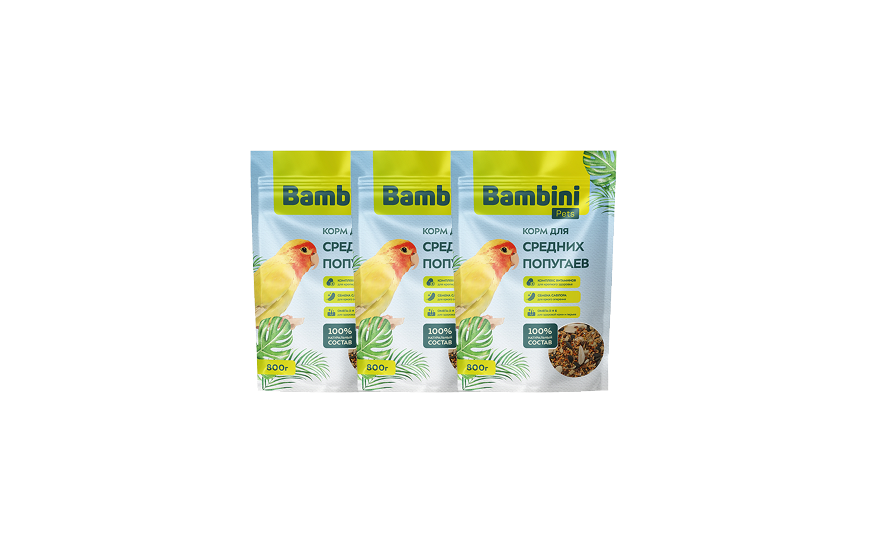 Корм Bambini Pets для средних попугаев, 800 г x 3 шт.