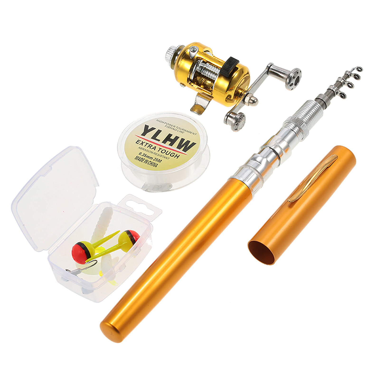 Комплект для рыбалки Fishing Rod Reel Combo Set: мини-телескопическая портативная ручка-удочка, катушка, алюминиевый сплав, леска 0.35мм 25м, приманки, крючки, коробка, цвета: фиолетовый, синий, черный, золотой, серебристый, красный, длина в сложенном