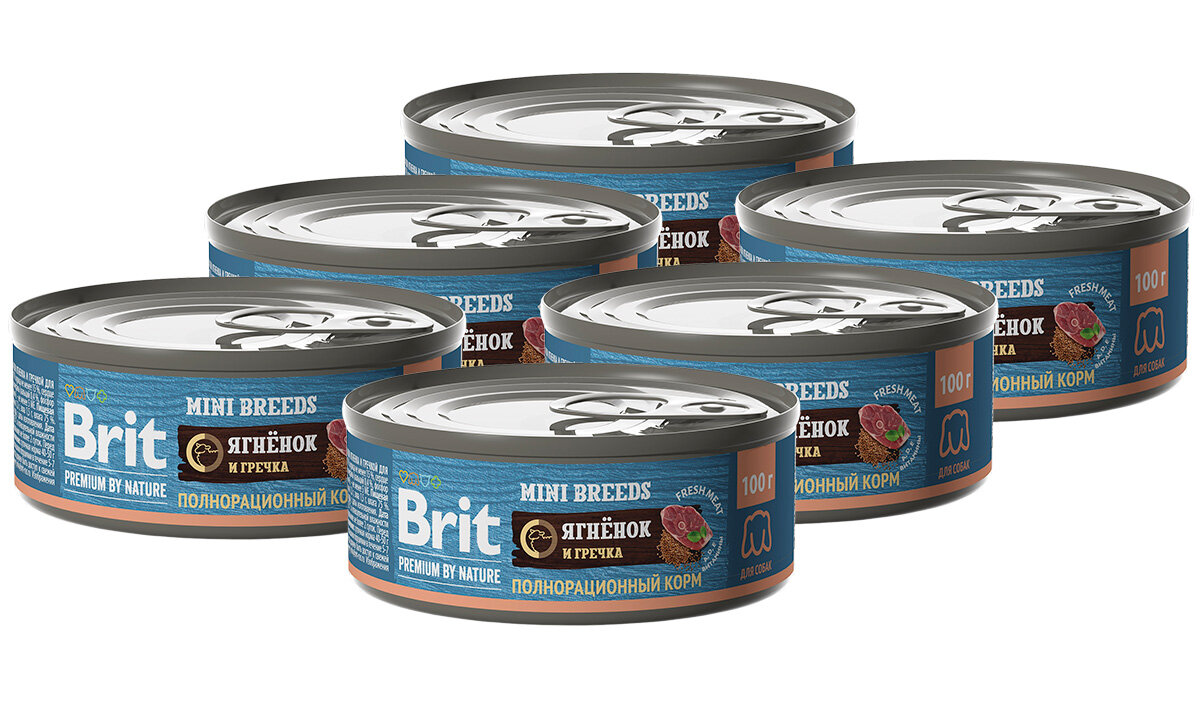 Влажный корм Brit Premium By Nature Dog для взрослых собак маленьких пород с ягненком и гречкой банка, 100 гр х 6 шт