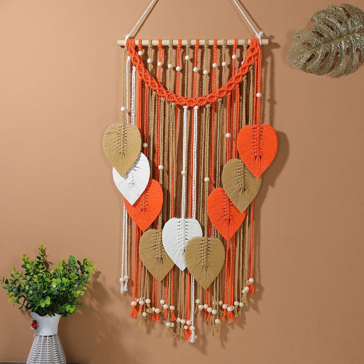 Настенный гобелен из листьев Панно настенное макраме, зеленый