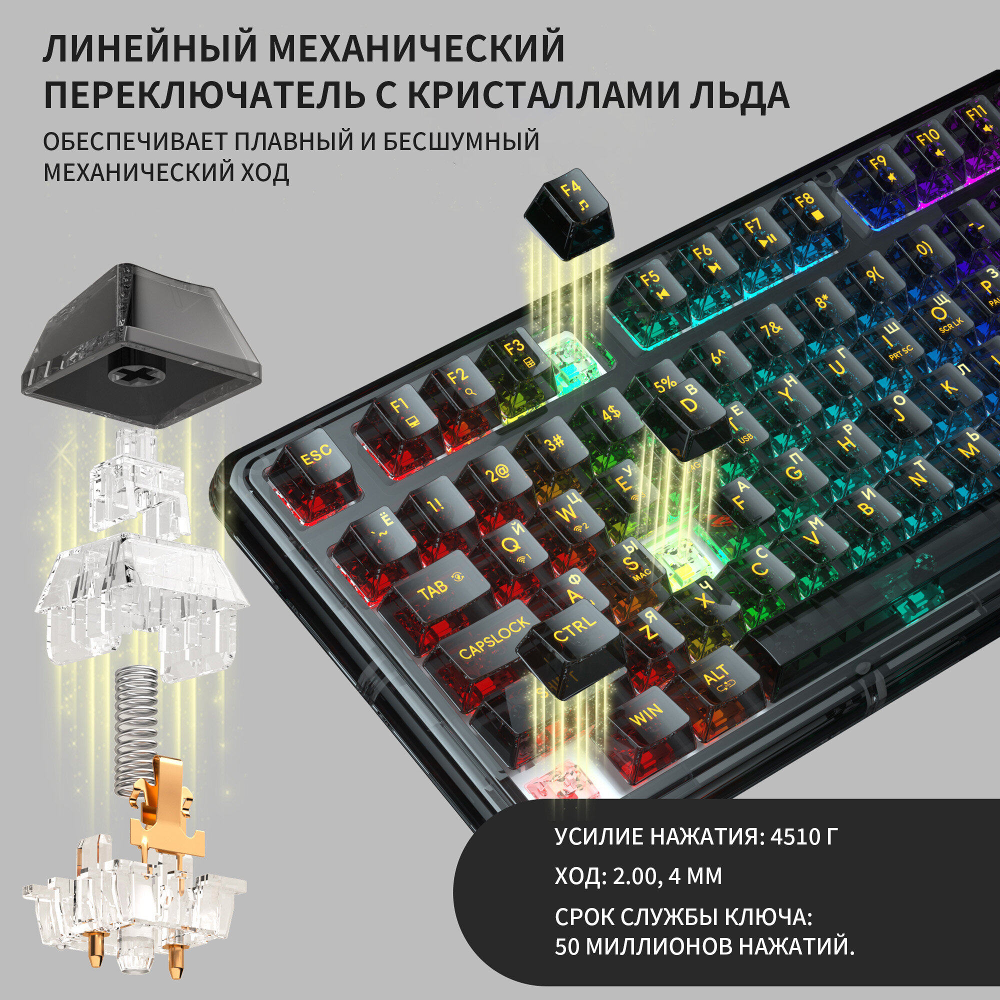 Механическая игровая беспроводная клавиатура ，Прозрачная крышка, 80 клавиш, переключатель отключения звука с возможностью горячей замены, RGB-подсветка, трехрежимное подключение по Bluetooth/2.4G/USB