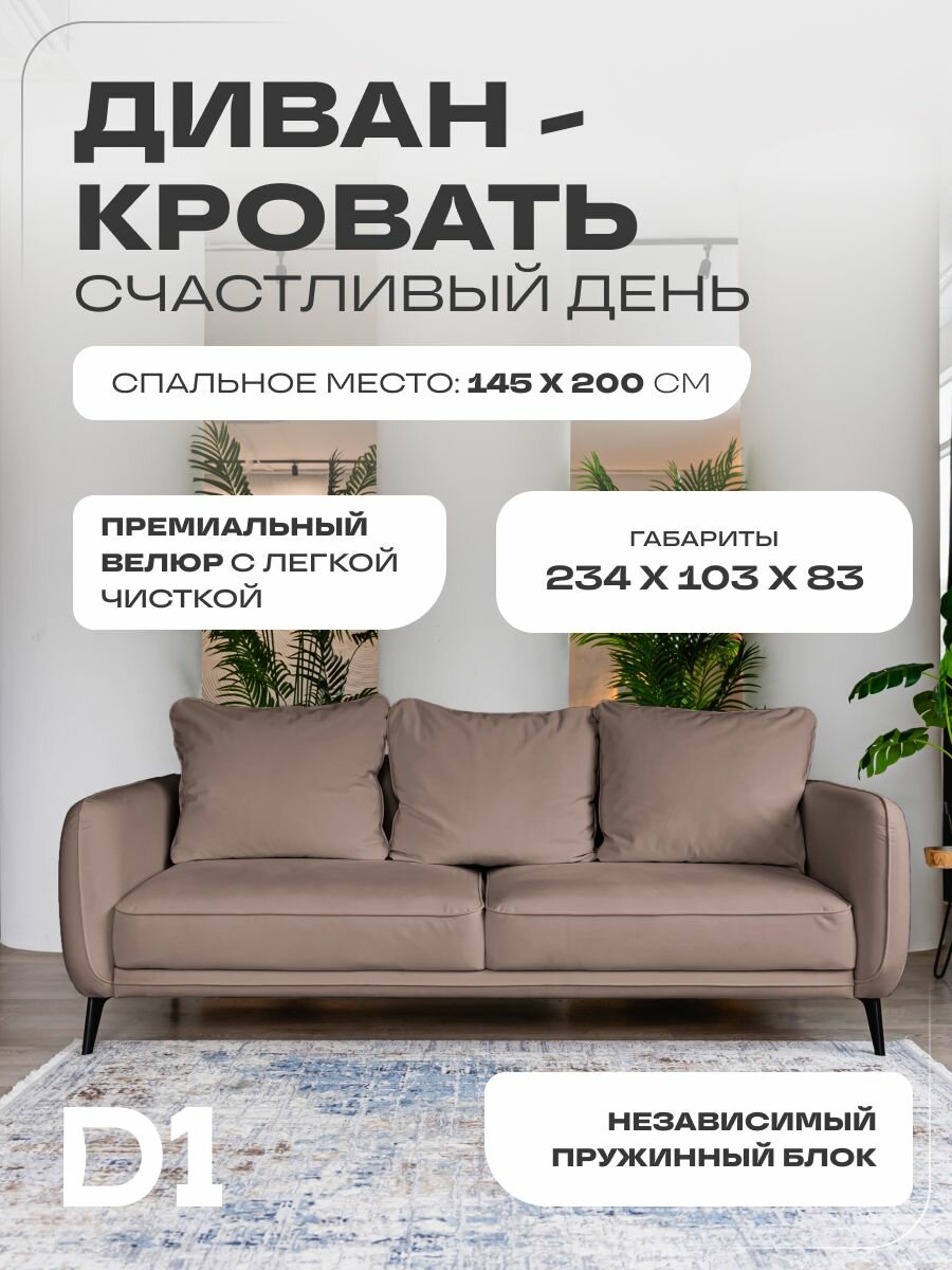 Диван-кровать прямой раскладной D1 Счастливый день, двухспальный, какао, 234x103x83