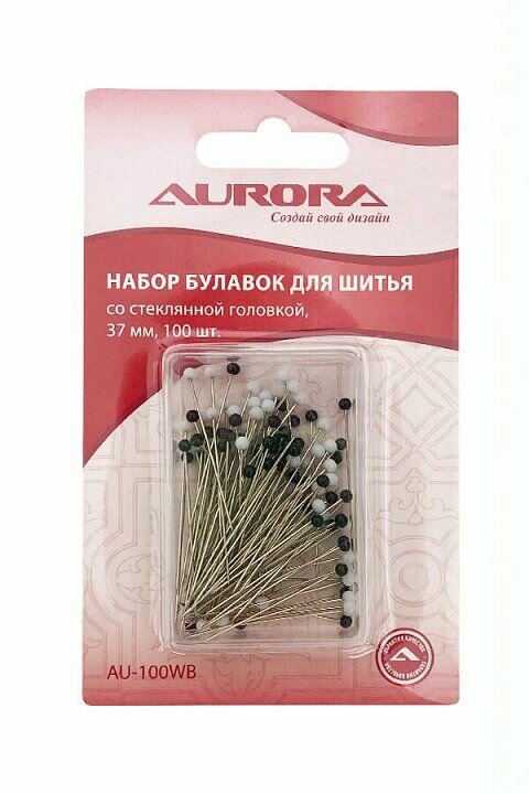 Булавки портновские со стеклянной головкой, чёрно-белые, 100 шт Aurora AU-100WB