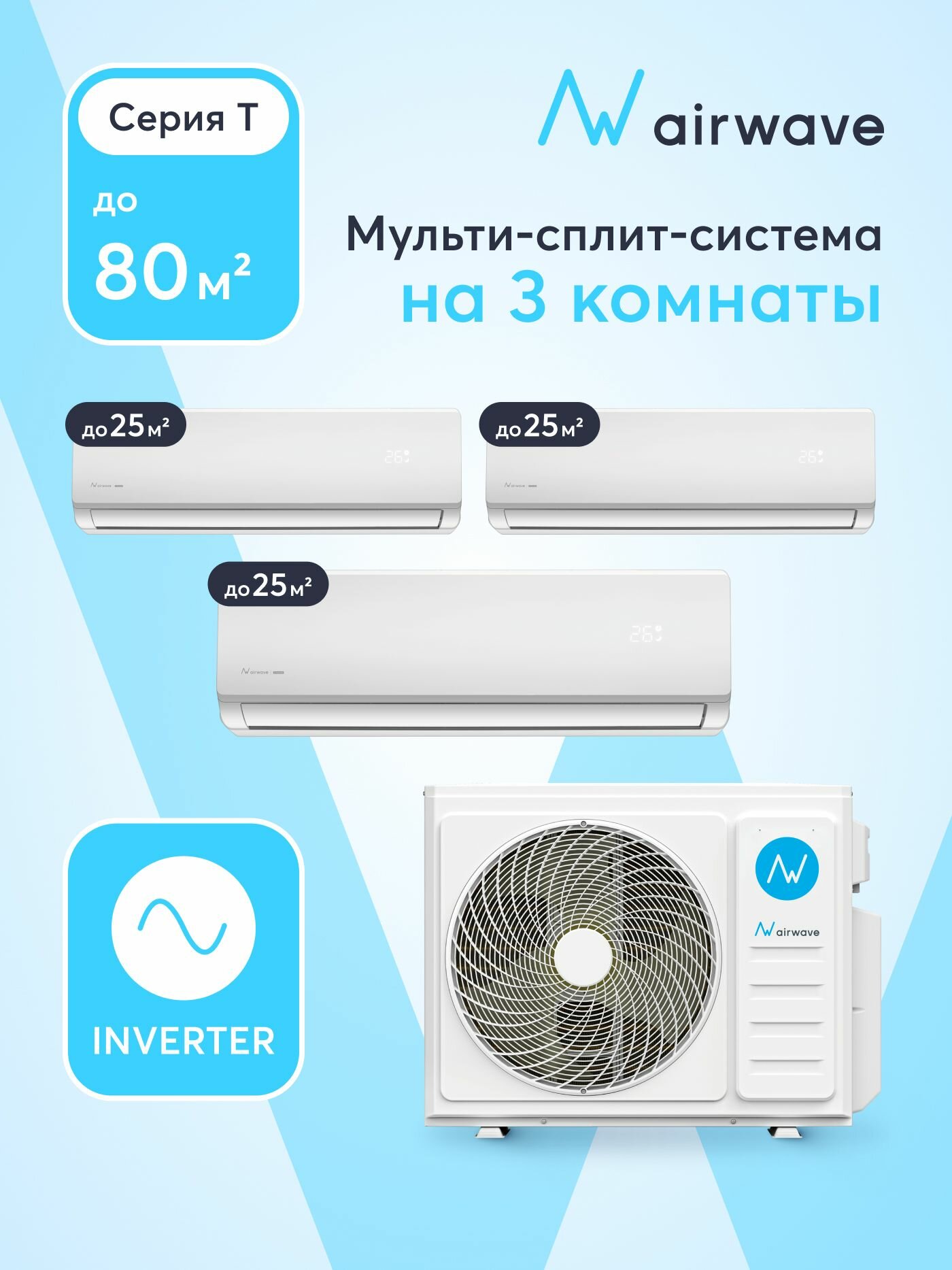Инверторная мульти сплит-система на 3 комнаты 25м2+25м2+25м2, Airwave, AWT27HM3P-O/AWT09HWM-I*3