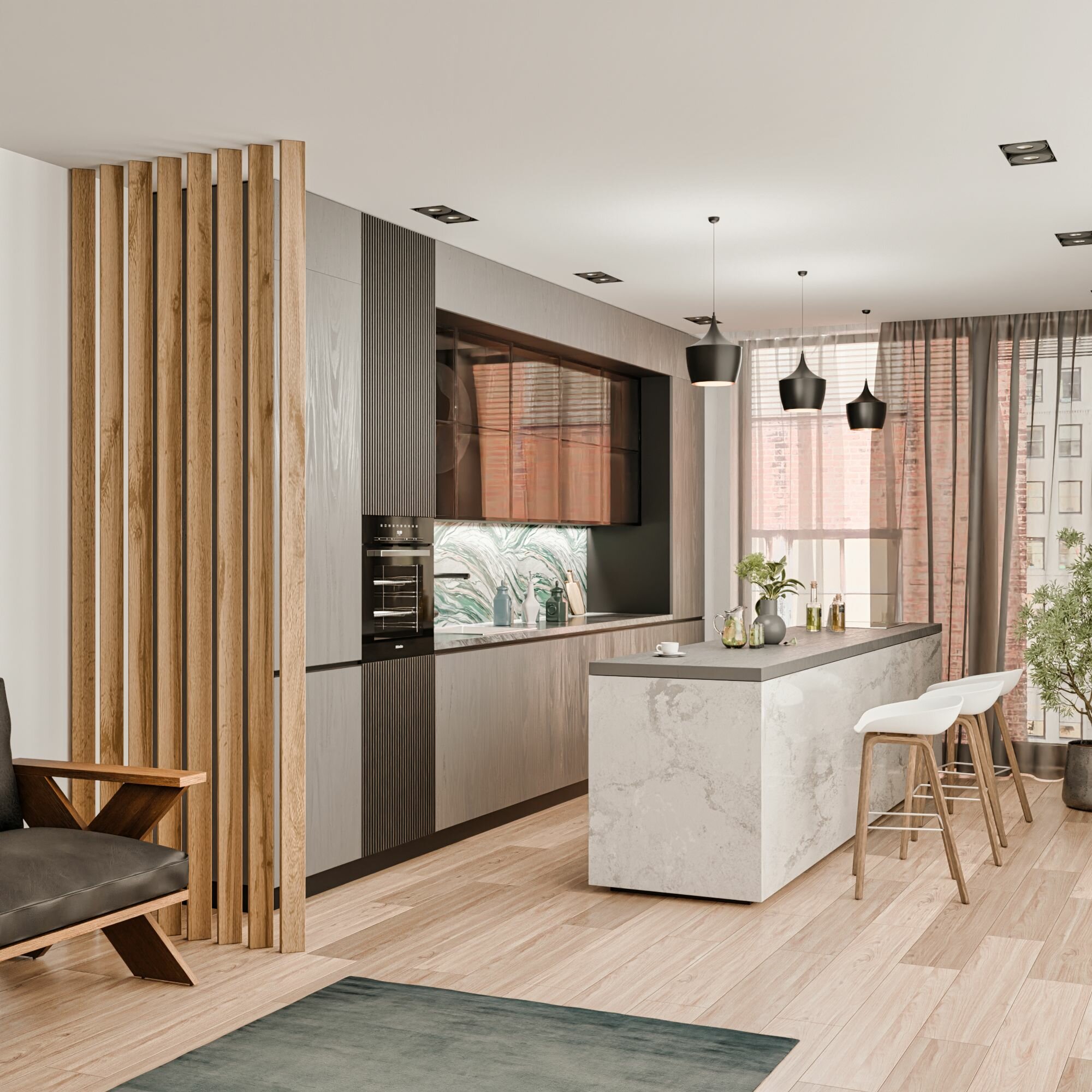 Перегородка реечная для зонирования, отдельностоящие 40х80 мм, ширина 980 мм, дуб вотан