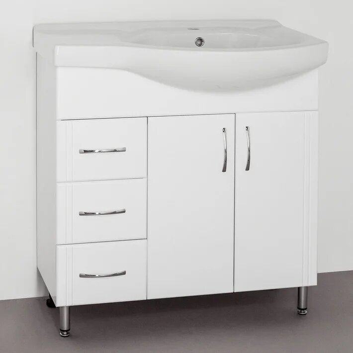 Тумба с раковиной Style Line Эко Стандарт №25 82 напольная, 83 см, белая, глянцевая, с ящиками, с дверками, раковина для ванной фарфоровая, полукруглая