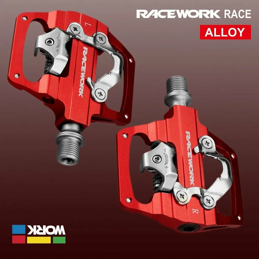 Педали гибридные RACEWORK SPD для велосипеда, универсальные с шипами Красный металл