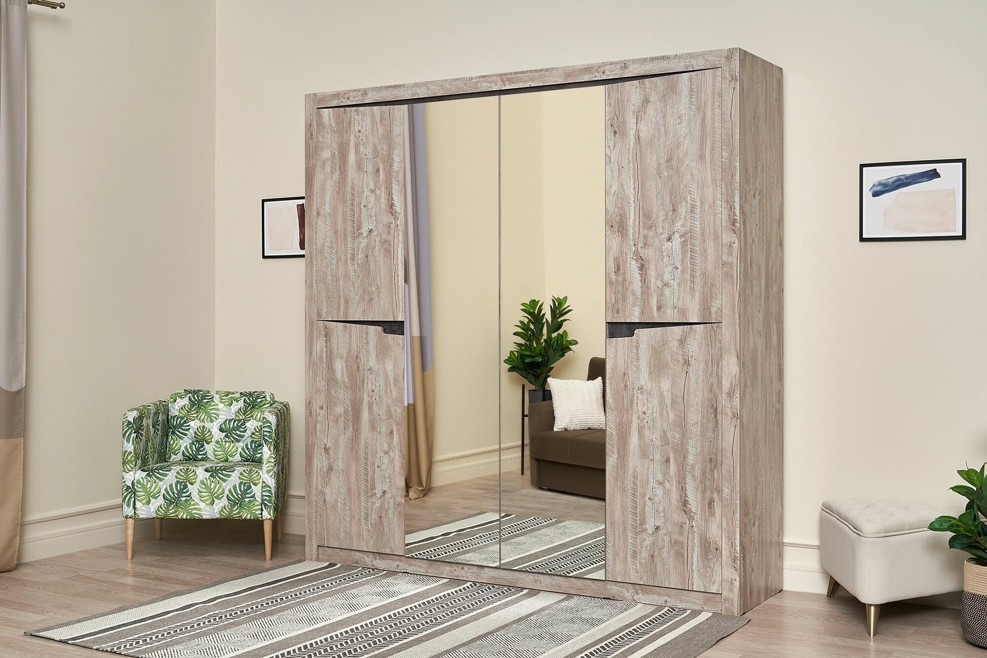 Шкаф распашной Ривьера 4-х дверный (Дуб Юкон, Бетон темный)