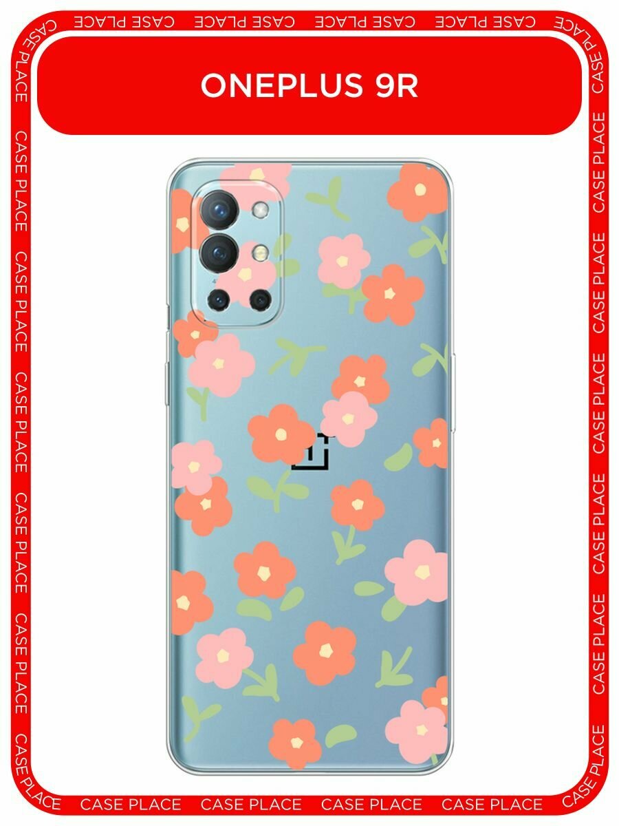 Чехол на OnePlus 9R / ВанПлас 9R с принтом "Красные цветочки рисунок", прозрачный