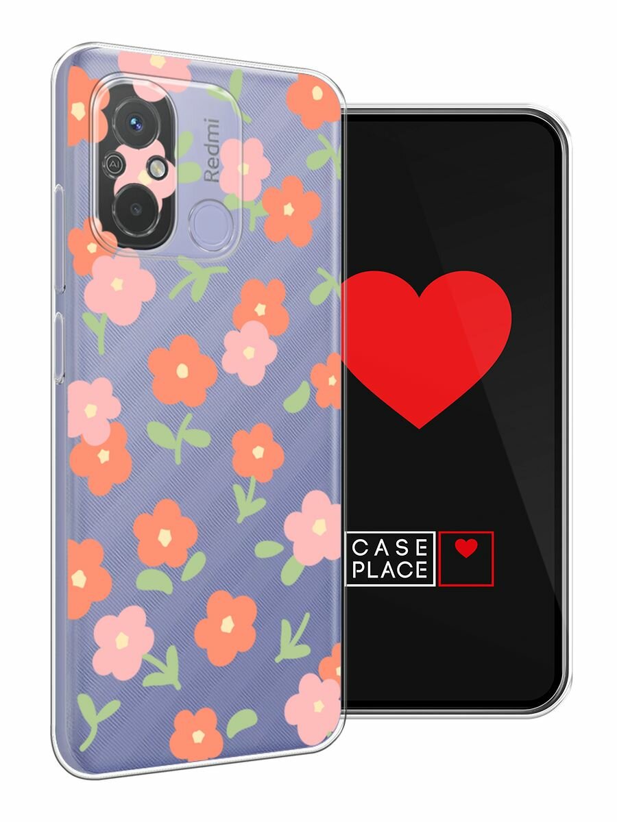 Чехол на Xiaomi Redmi 12C/Poco C55 / Редми 12C/Поко С55 с принтом "Красные цветочки рисунок", прозрачный — фото 1