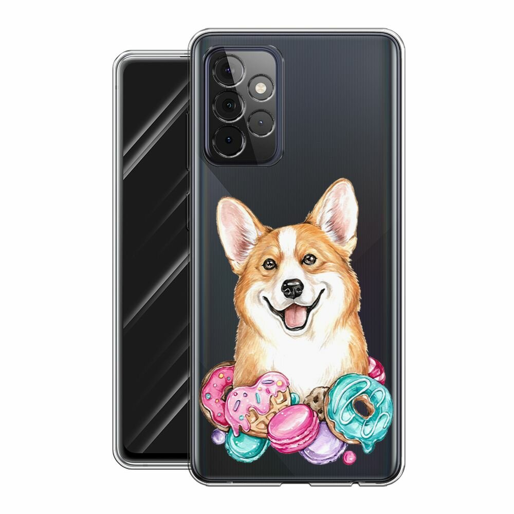 Чехол на Samsung Galaxy A72 / Самсунг Галакси А72 с принтом "Корги и сладости", прозрачный — фото 1