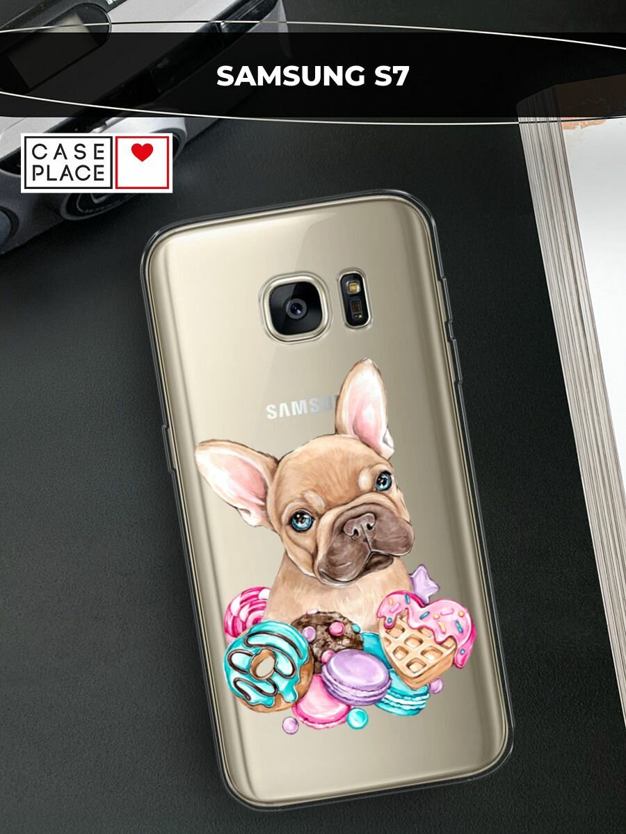 Чехол на Samsung Galaxy S7 / Самсунг Галакси С 7 с принтом "Бульдог и сладости", прозрачный