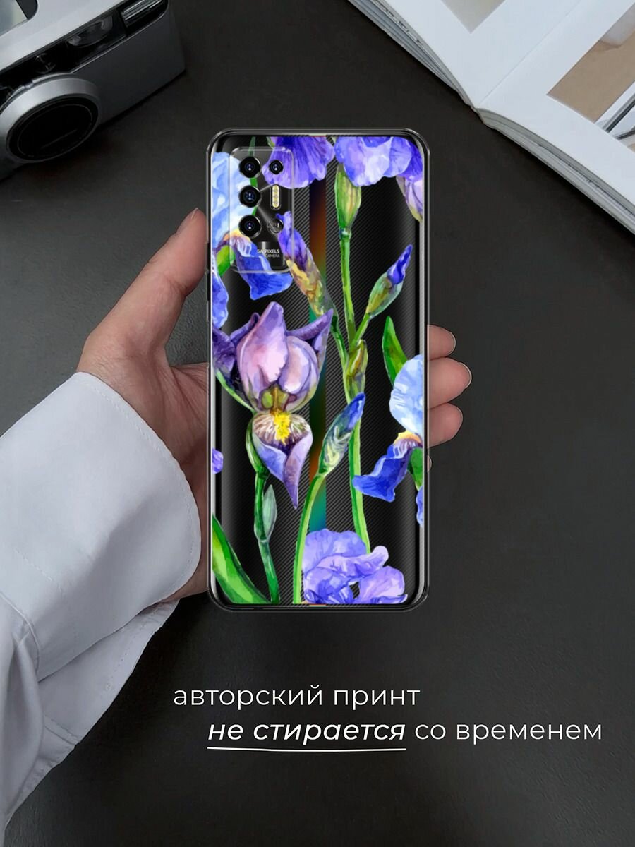 Чехол на Tecno Pova 2 / Текно Пова 2 с принтом "Синие ирисы", прозрачный — фото 1
