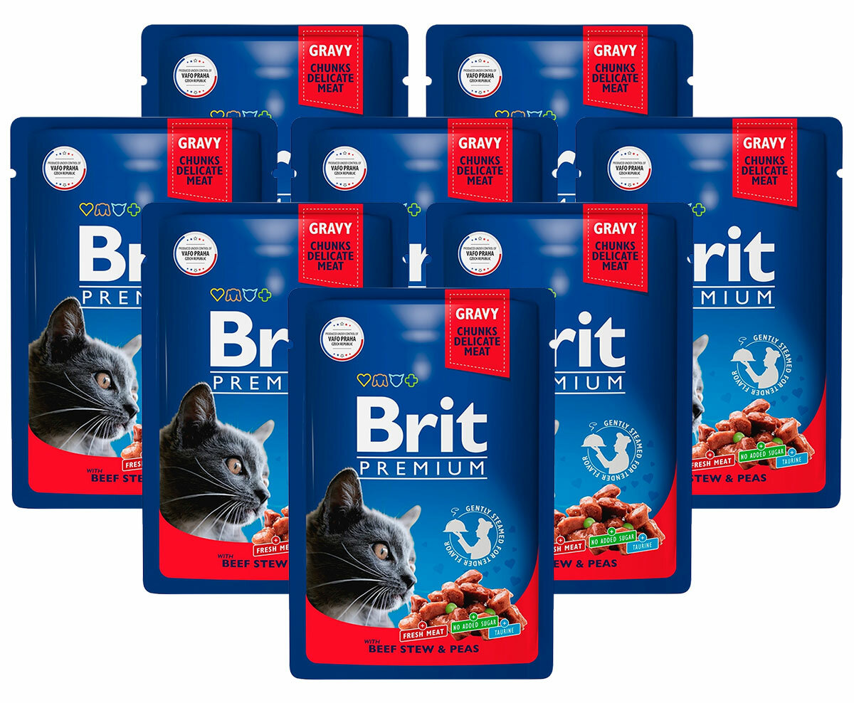 Корм влажный Brit Premium Cat With Beef Stew & Peas для взрослых кошек с говядиной и горошком пауч кусочки в соусе, 85 г х 8 шт
