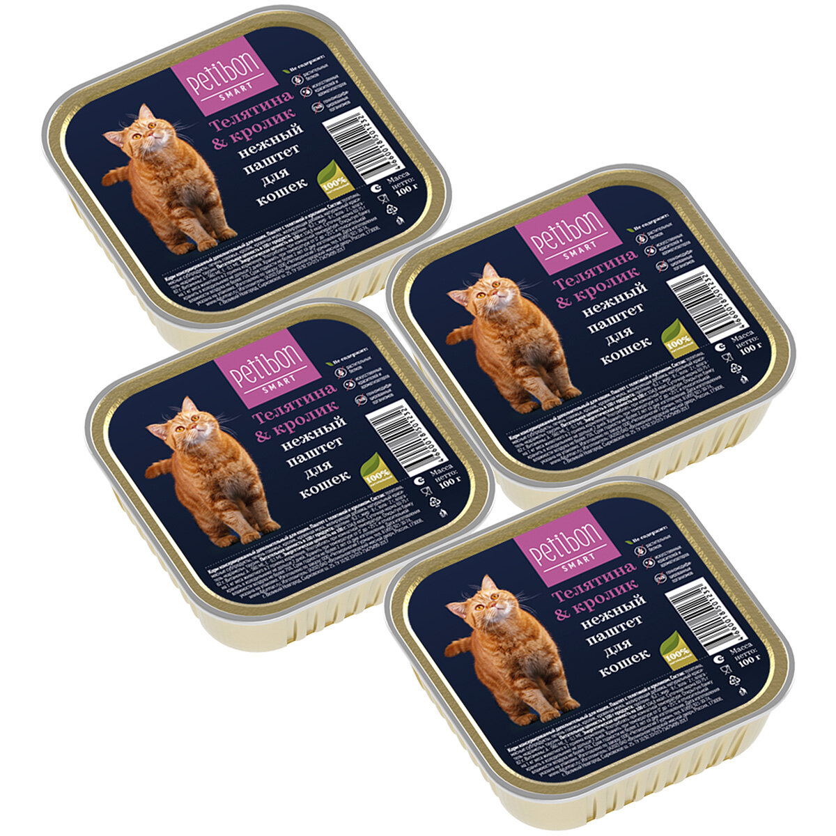 Корм влажный Petibon Smart для кошек паштет, телятина кролик, 100 г х 4 шт