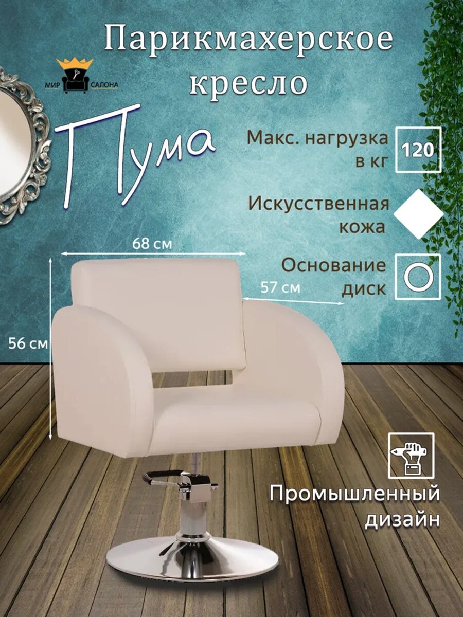 Парикмахерское кресло "Пума", цвет - белый, основание - диск