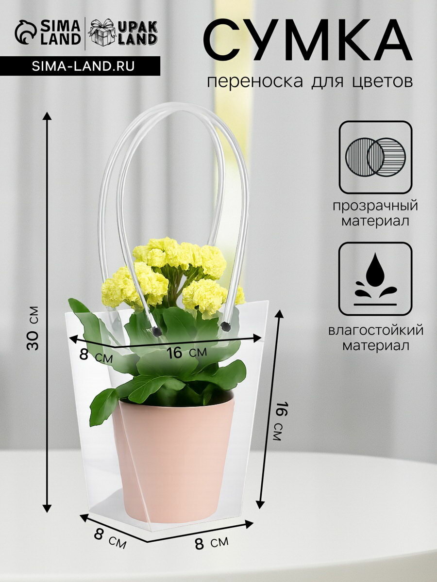 Сумка для цветов прозрачная влагостойкая, 16x8 - 8x8 - 16 см, 10 шт.