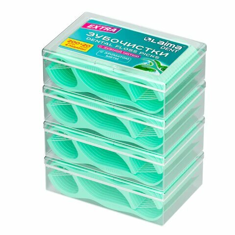 Зубочистки флоссеры с зубной нитью "200шт(4х50шт)+20 в Подарок!" в боксе вкус мяты, LAIMA DENT, 609407